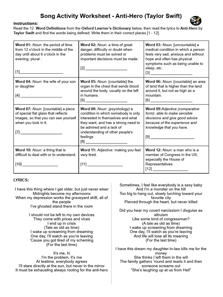 Music Def - Taylor - Worksheet | PDF | Noun | Word