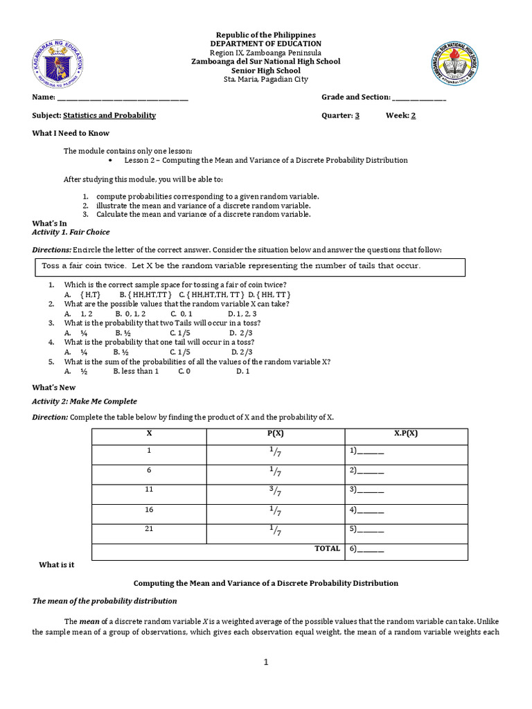 Statistics-and-Probability 3Q SLM2 | PDF | Variance | Random Variable