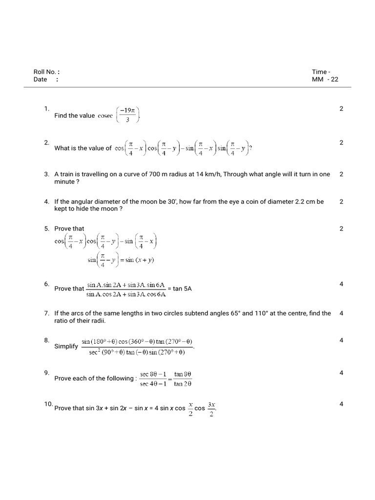 Trigonometric Function Practice Questions Pdf