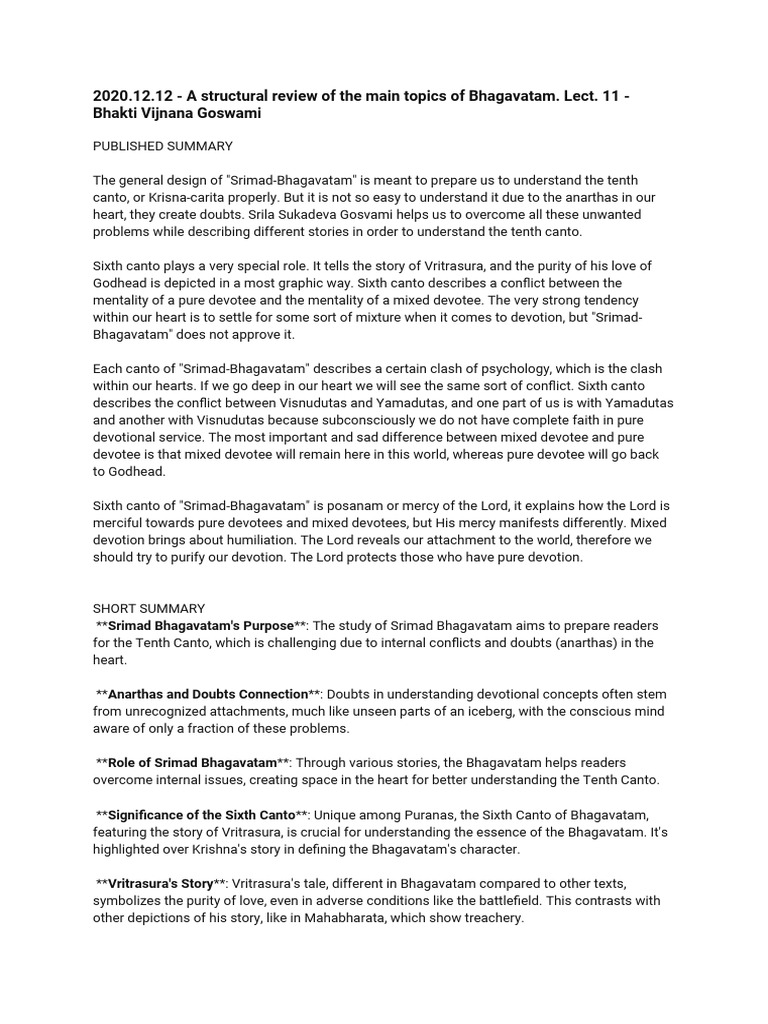 SUMMARY 11 - A Structural Review of The Main Topics of Bhagavatam. Lect. 11 - Bhakti Vijnana ...