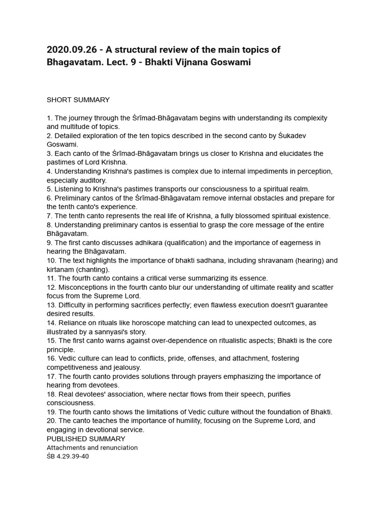 A Structural Review of The Main Topics of Bhagavatam. Lect. 9 - Bhakti Vijnana Goswami SUMMARY | PDF