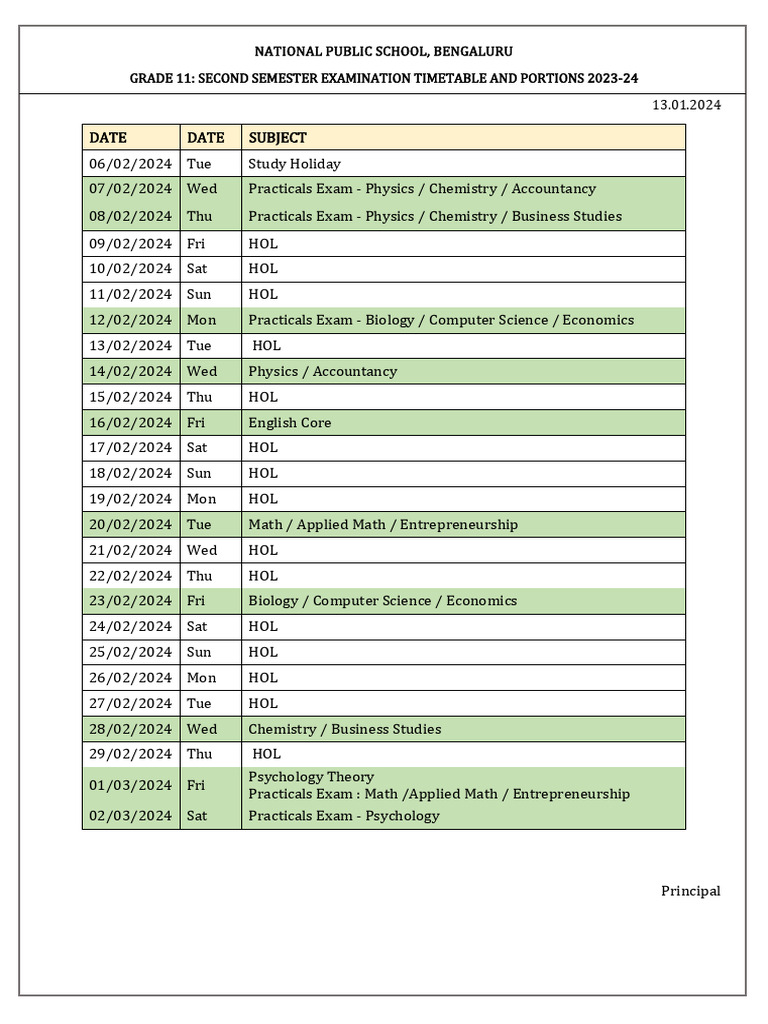 Class 11 Second Semester Exam Timetable | PDF | Control Flow | Byte
