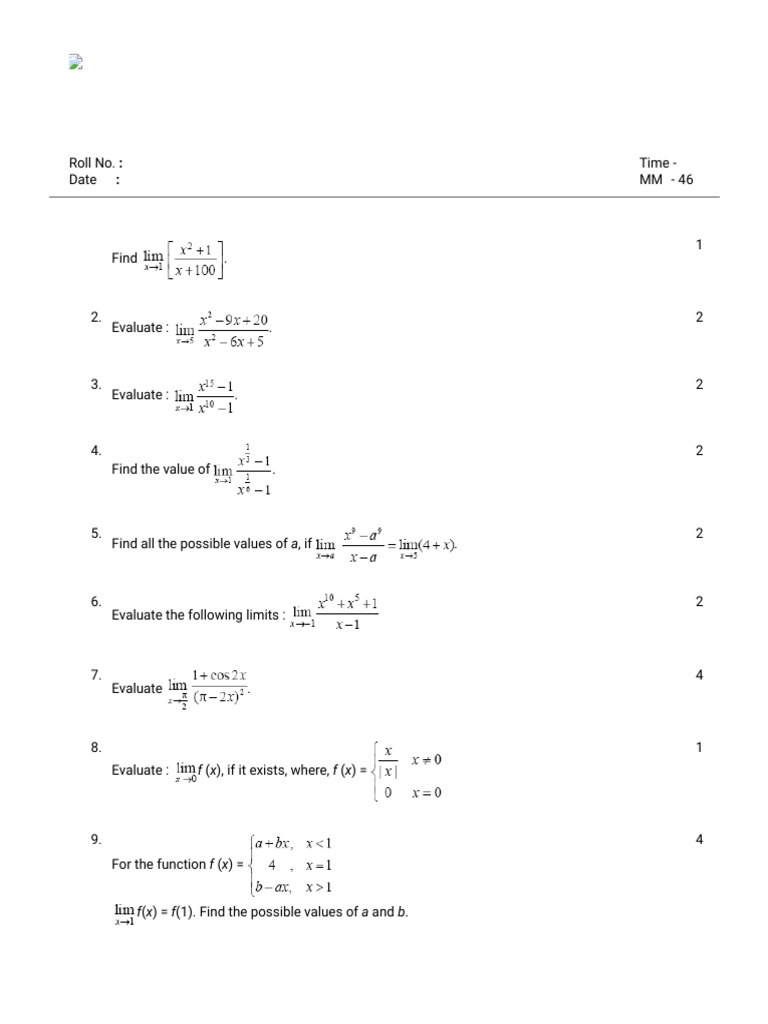 Limits Calculus Worksheet | PDF