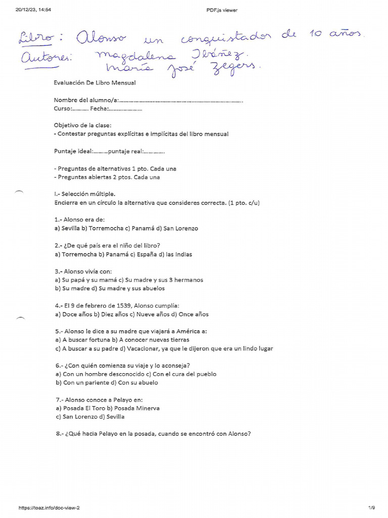Prueba Libro Alonso Un Conquistador de 10 Años Plan Lector Mes Abril ...