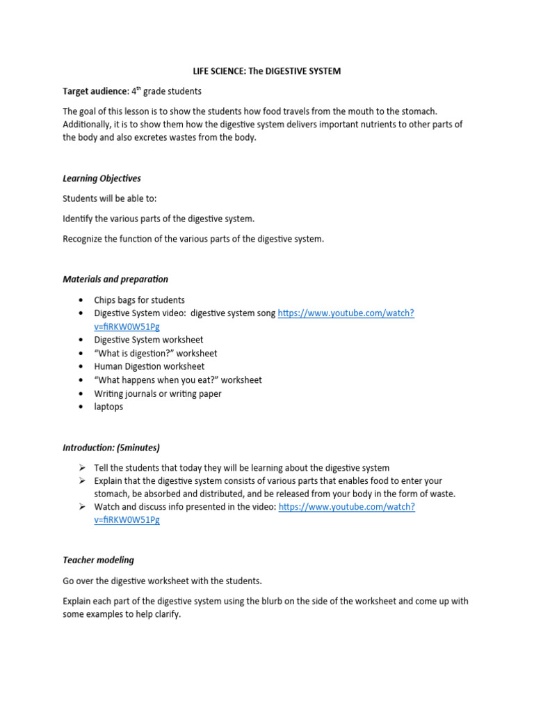 Lesson Plan For Demo Class - Grade 4 Science Class - Digestive System ...