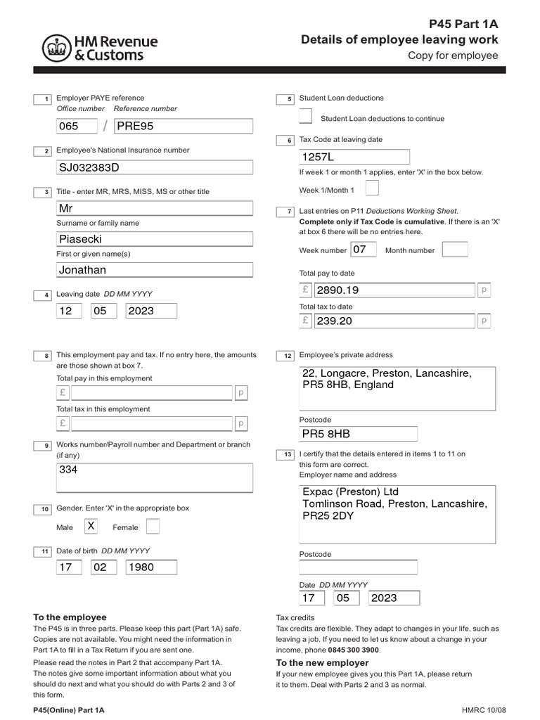 P45 Part 1A Details of Employee Leaving Work | PDF | Payroll Tax | Public Finance
