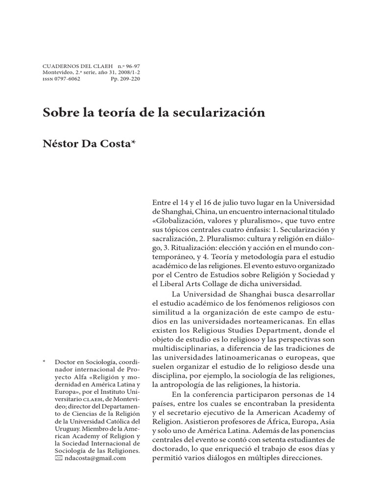 Teoria de La Secularizacion Nestor-Da-Costa | PDF | Experiencia | Teoría