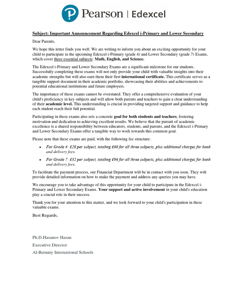 Letter To The Parents (Grade 4 and Grade 7) | PDF