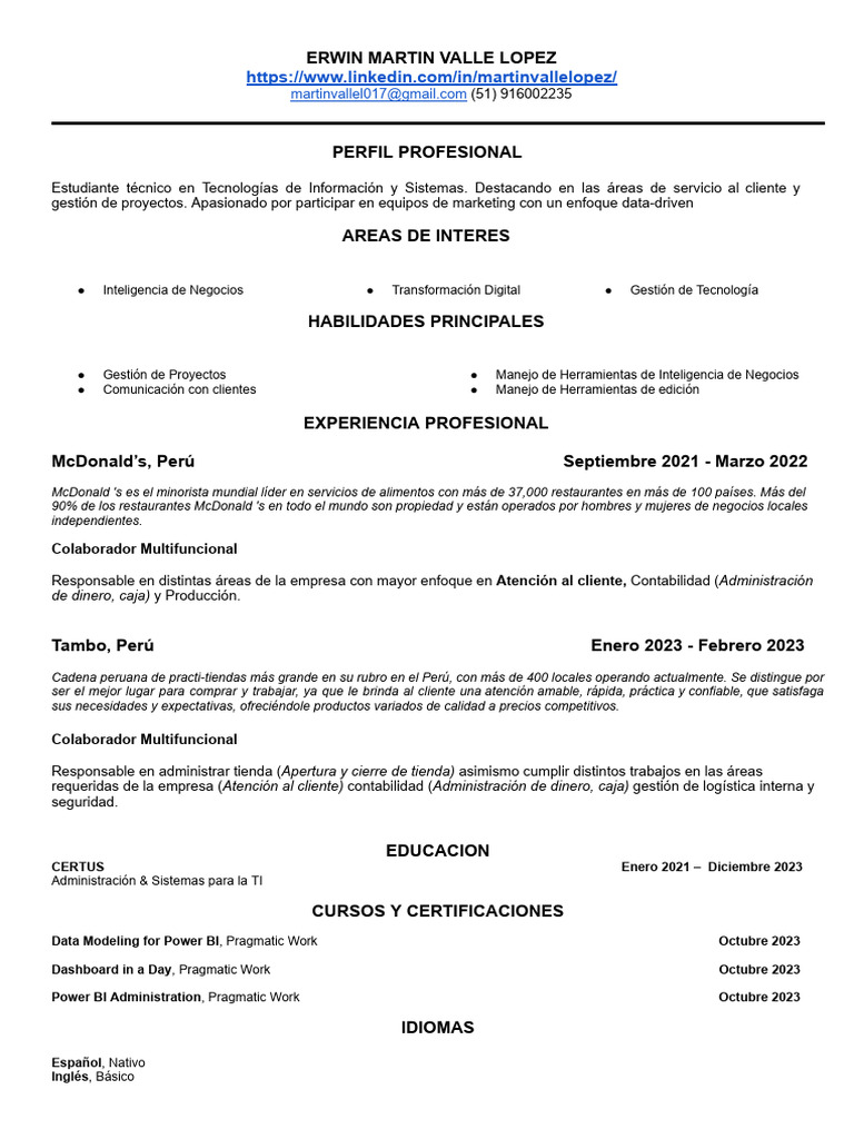 CV Martin Valle 2023 | PDF | Servicio al Cliente | Perú