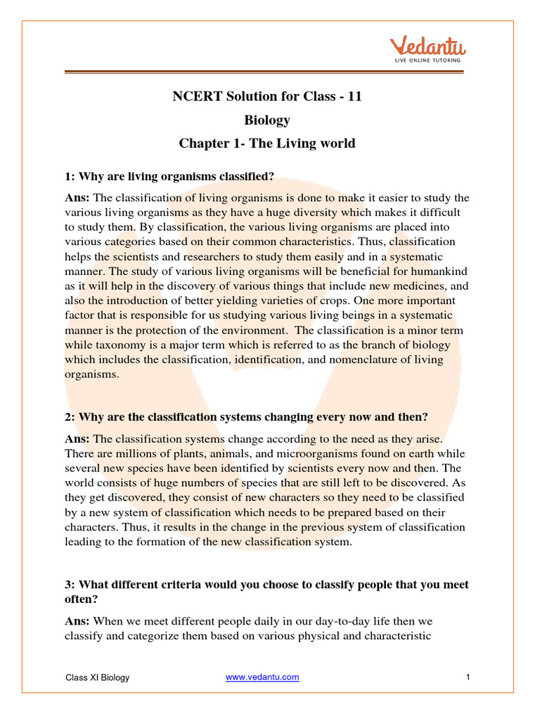 NCERT Solutions For Class 11 Biology Chapter 1 - The Living World ...