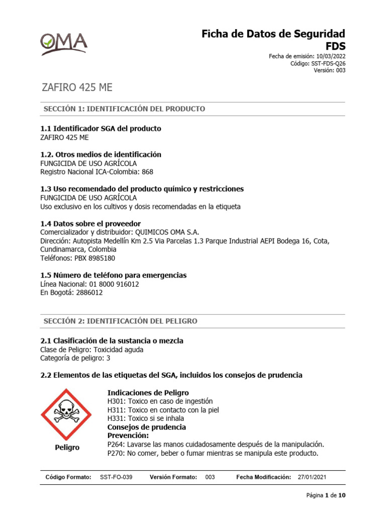 SST-FDS-Q26 FDS Zafiro 425 Me-2022 | PDF | Agua | Contaminación