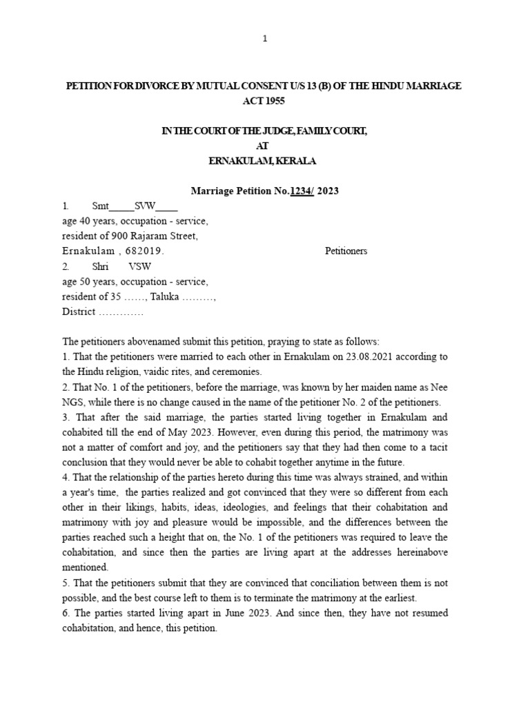 2. Petition for Divorce by Mutual Consent Under Section 13 (b) of the Hindu Marriage Act 1955 ...