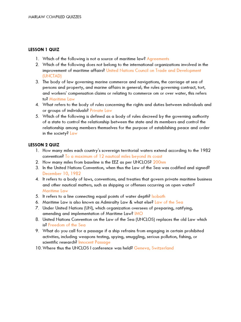 MarLaw Compiled Quizzes Prelims | PDF | Territorial Waters | United ...