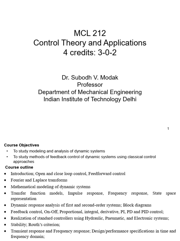 MCL 212 Control Theory and Applications 4 Credits: 3-0-2 | PDF | Control Theory | Feedback