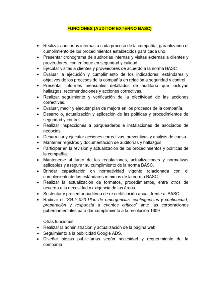 Funciones del Auditor Externo BASC | PDF