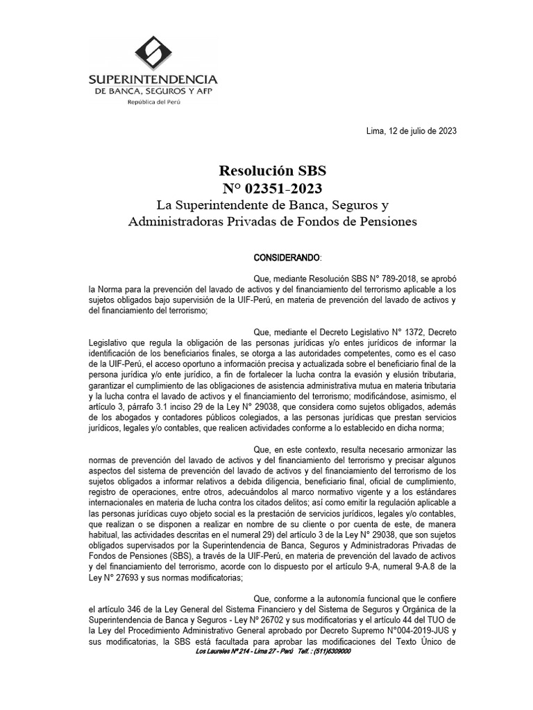 Resolución SBS #02351-2023: La Superintendente de Banca, Seguros y Administradoras Privadas de ...