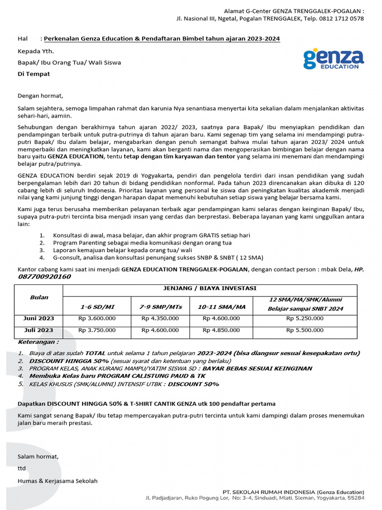 Biaya dan Pendaftaran Genza Education | PDF | Karier & Perkembangan