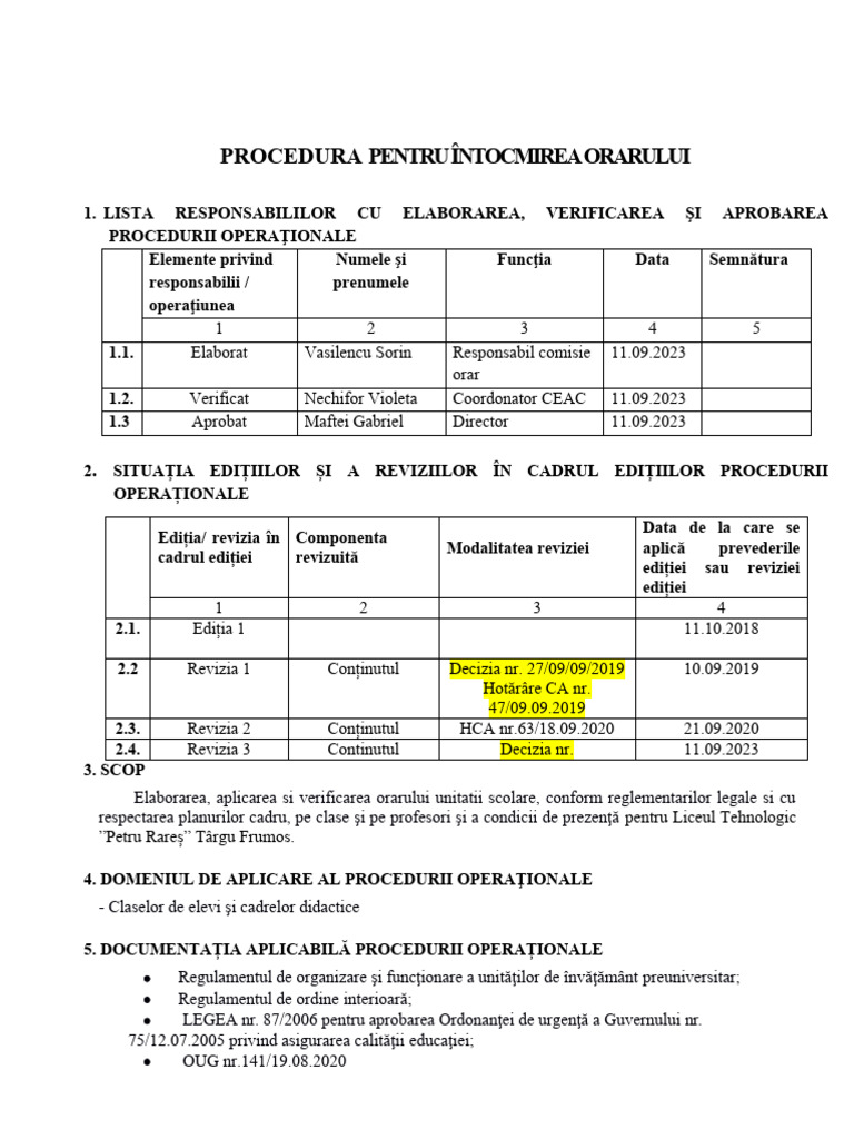 Procedura Orar 2023 2024 | PDF