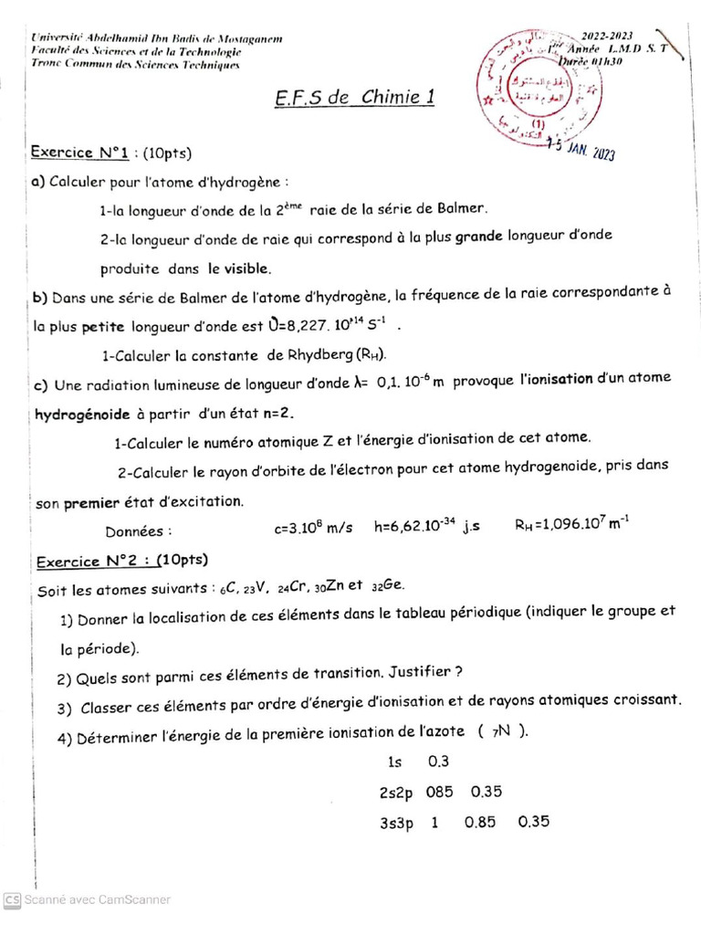 Examen1+Solution Chimie 1 Mostaganem | PDF Examen1+Solution Chimie 1 Mostaganem | PDF