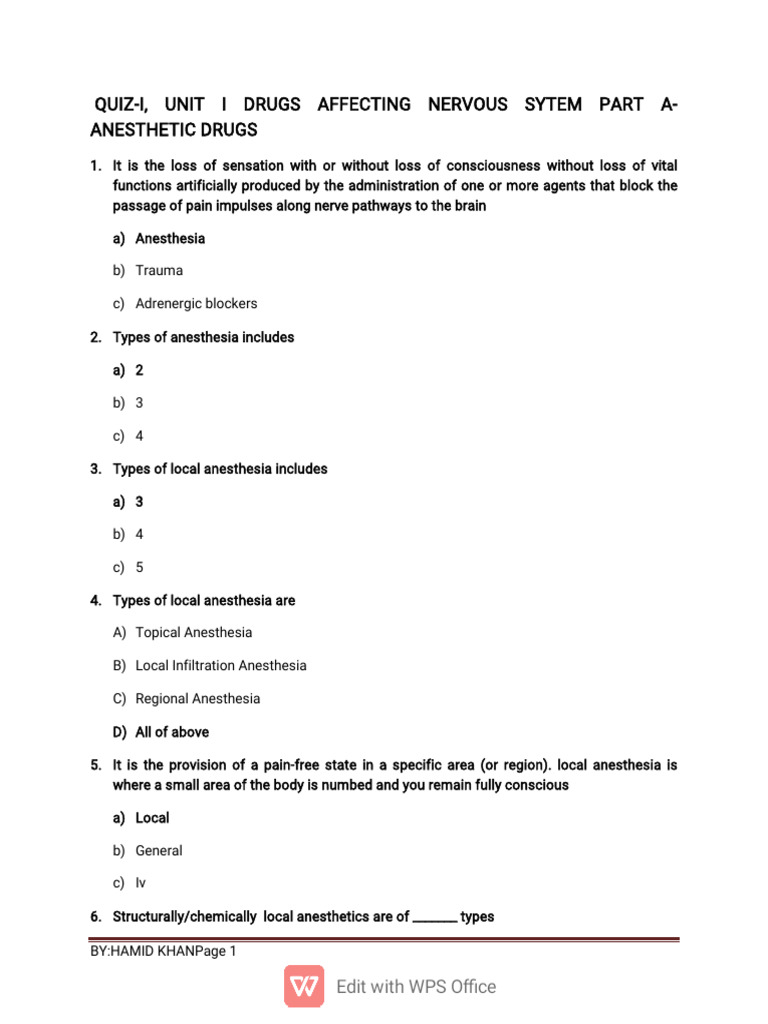 Quiz1 Nervous System Drugs Pat A | PDF | Anesthesia | Medical Specialties