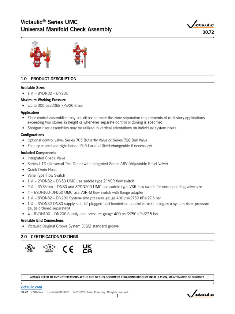 Victaulic Series UMC Universal Manifold Check Assembly: 1.0 Product ...