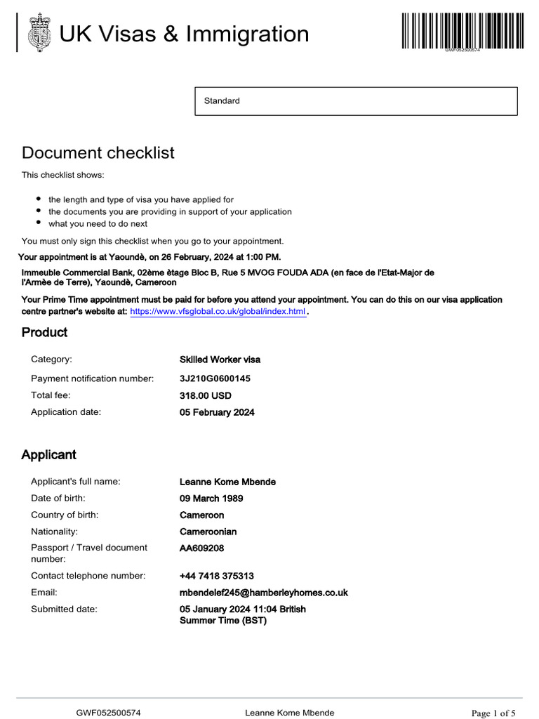 Documents Checklist Leanne Kome Mbende Tier 2 UK Visa | PDF | Travel Visa | Passport