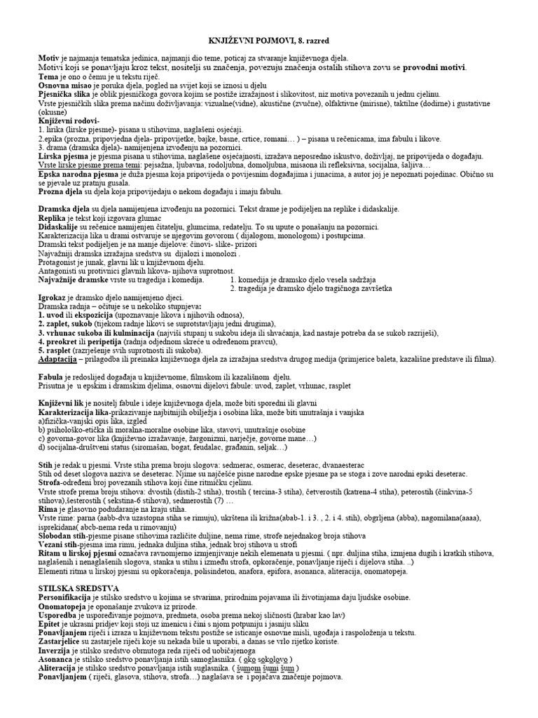 Knjizevni Pojmovi Pocetak 8. Razreda | PDF
