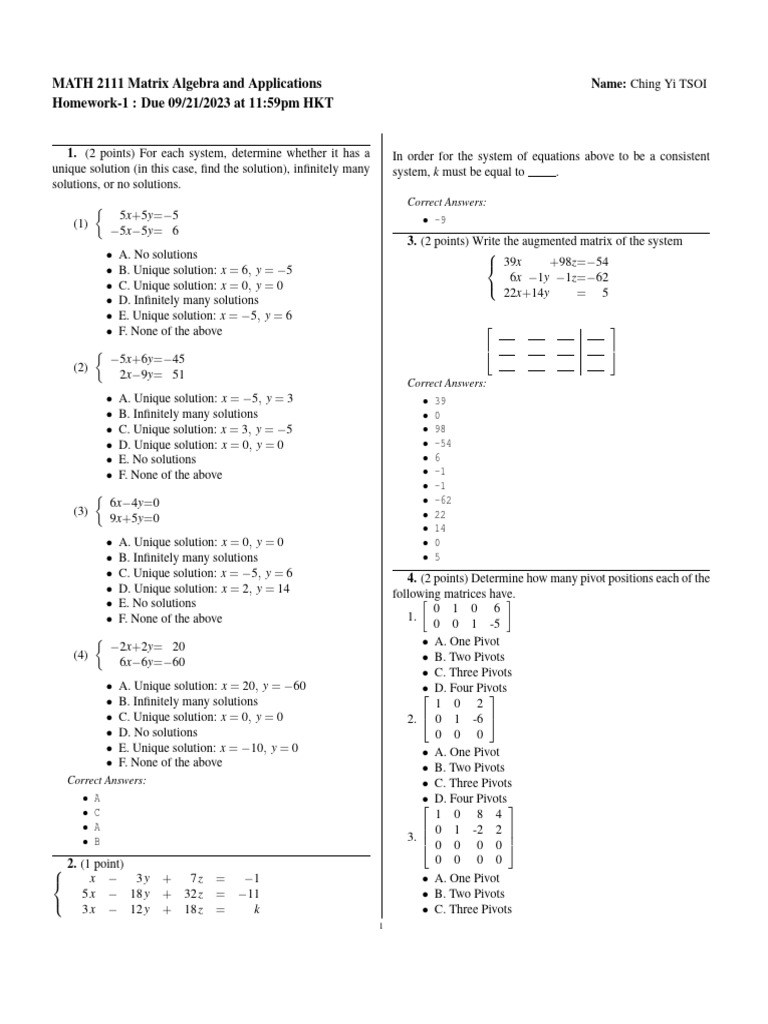 Matrix Homework-1 | PDF | System Of Linear Equations | Mathematical ...