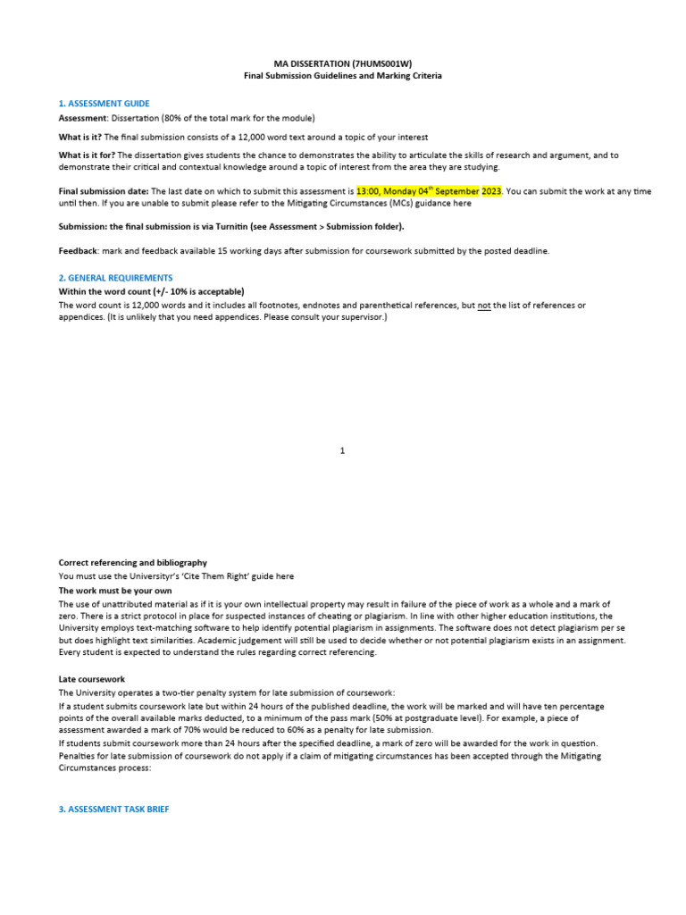 Dissertation Instructions and Marking Criteria | PDF | Thesis | Evaluation