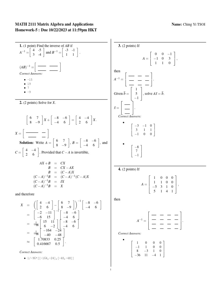 Matrix Homework 5 Pdf Functions And Mappings Mathematical Relations 6599