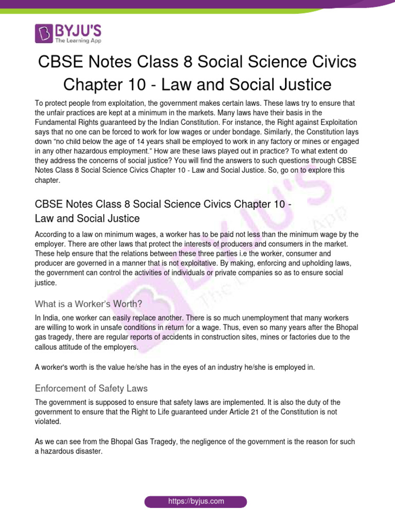 CBSE Notes Class 8 Social Science Civics Chapter 10 Law and Social ...