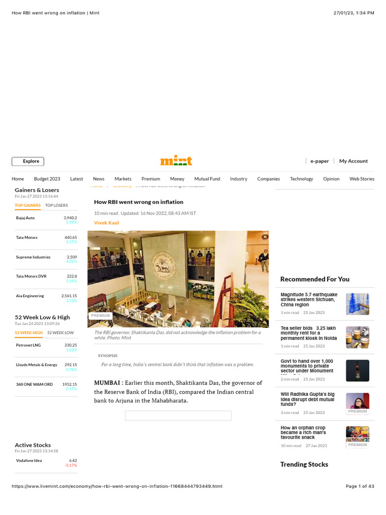 How RBI Went Wrong On Inflation - Mint | PDF | Inflation | Reserve Bank Of India