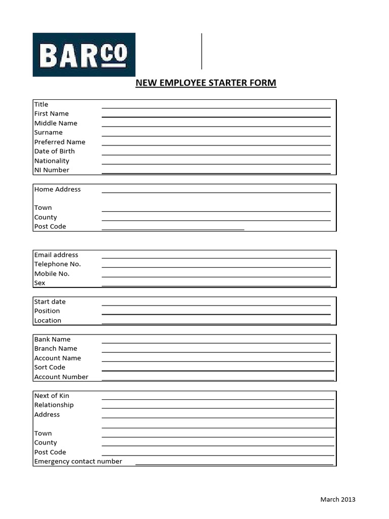 New Employee Starter Form - Sept 2017 | PDF | Wellness