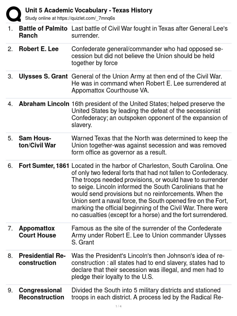 Texas History Academic Vocabulary Guide | PDF | American Civil War ...