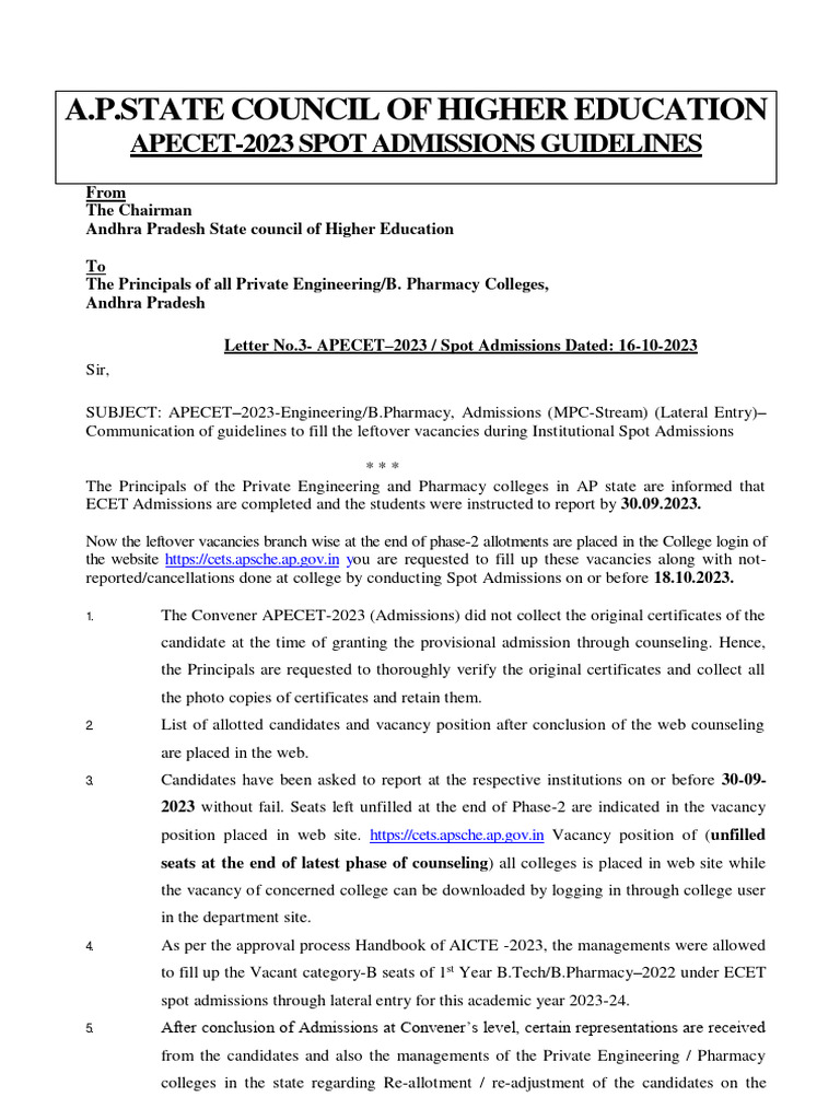 ECET 2023 Spot Guidelines Revised II Imp - 16102023021023 | PDF ...
