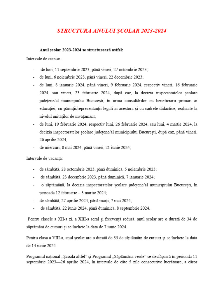 2 Structura Anului Scolar 2023-2024 | PDF