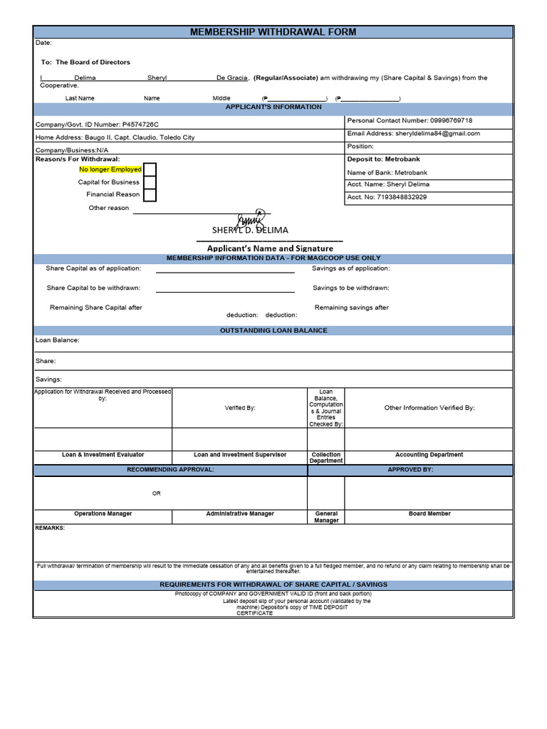 Membership Withdrawal Form Template | PDF | Deposit Account | Service ...