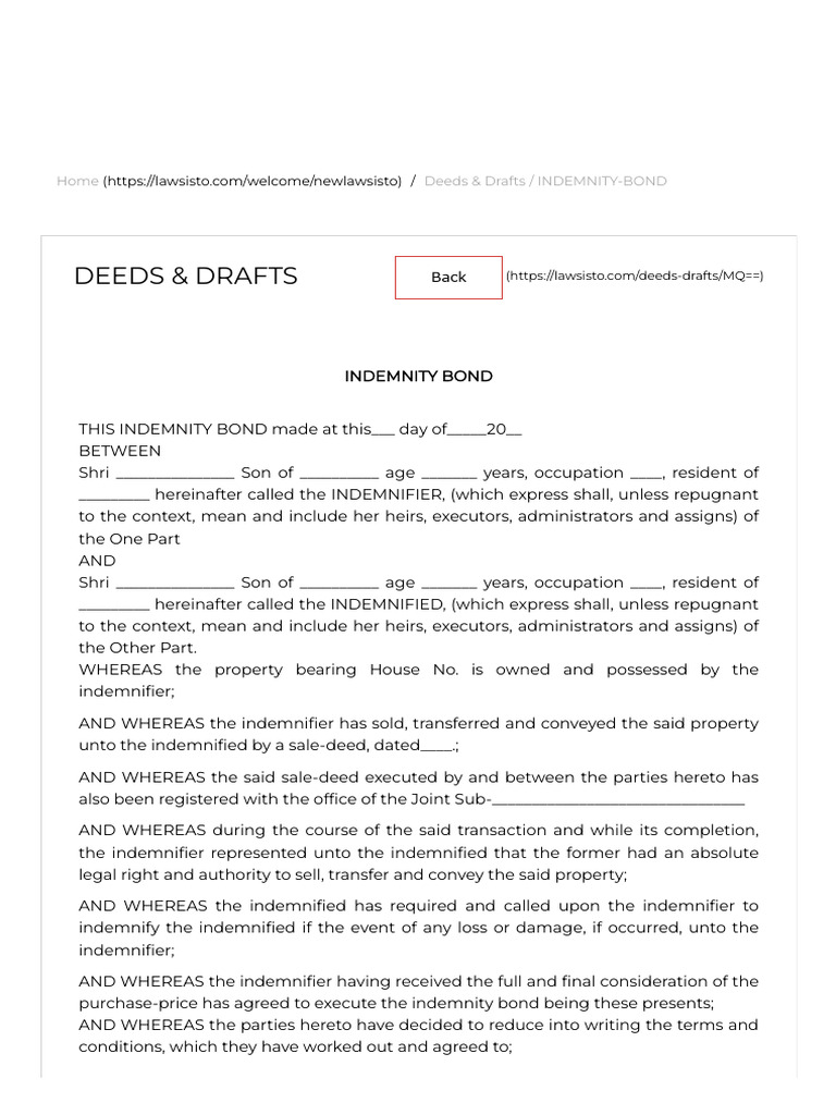 INDEMNITY BOND - Deeds & Drafts | PDF | Indemnity | Deed