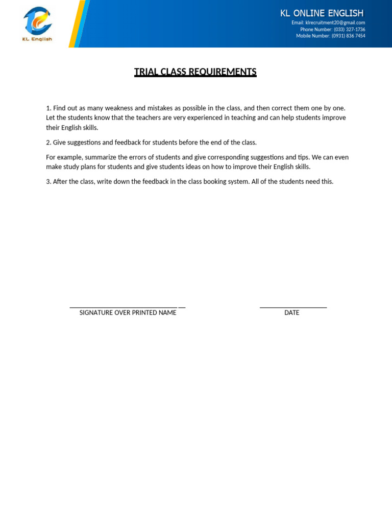 Trial Class Requirements | PDF