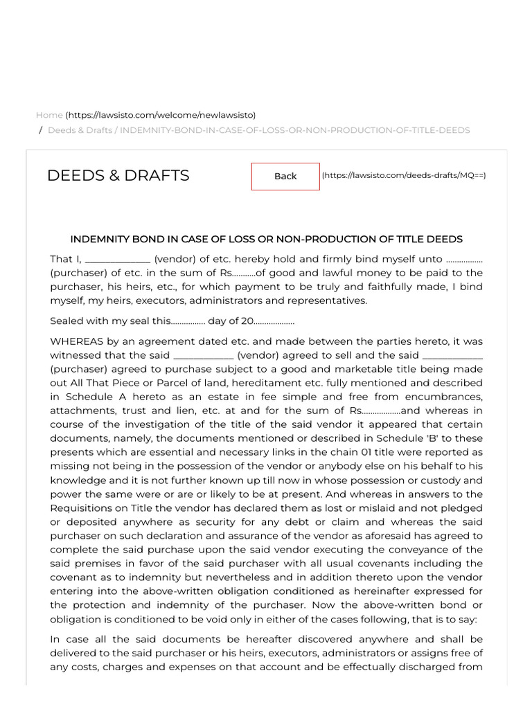 INDEMNITY BOND IN CASE OF LOSS OR NON-PRODUCTION OF TITLE DEEDS - Deeds ...