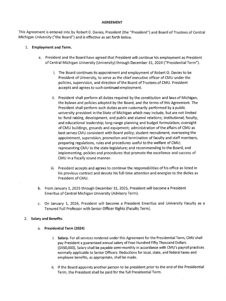 CMU President Bob Davies Contract As of 1/16/24 | PDF