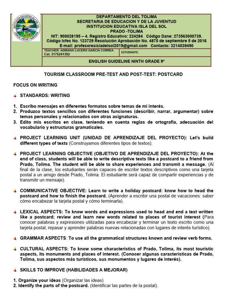 Tourism Classroom Pre-Test and Post-Test Postcard | PDF | Comunicación ...