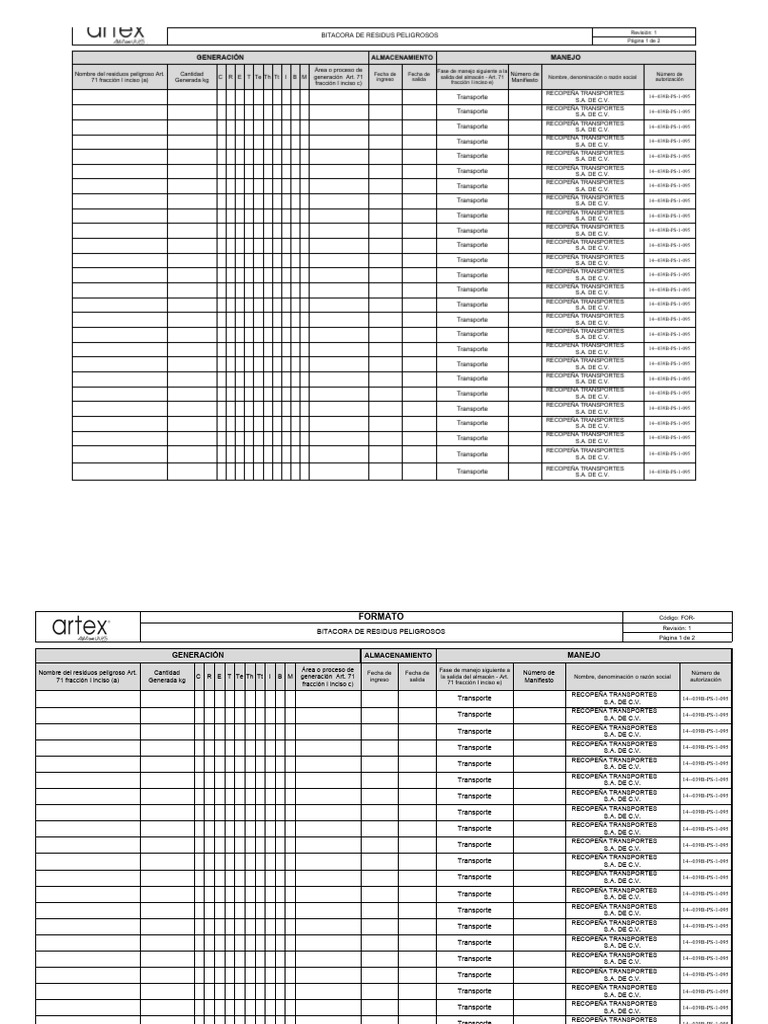 Bitácora de Residuos Peligrosos RECOPEÑA | PDF