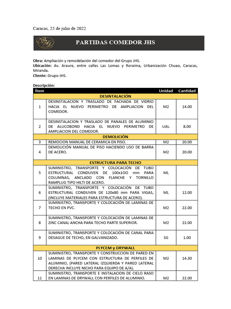 Partidas Proyecto Ampliación Comedor JHS | PDF