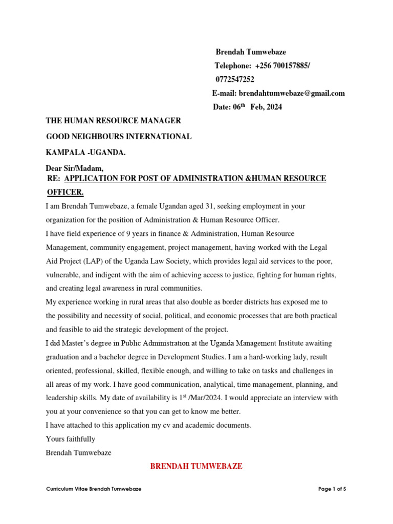 Curriculum Vitae Brendah Feb 2024 | PDF | Payments | Uganda