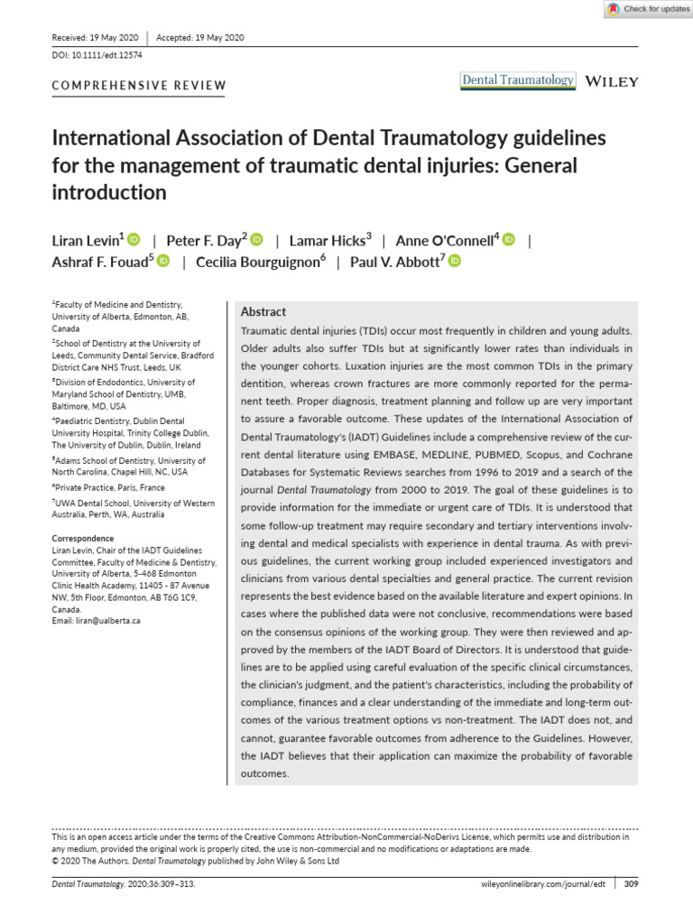 IADT 2020 Guidelines for Dental Trauma | PDF | Periodontology | Health ...