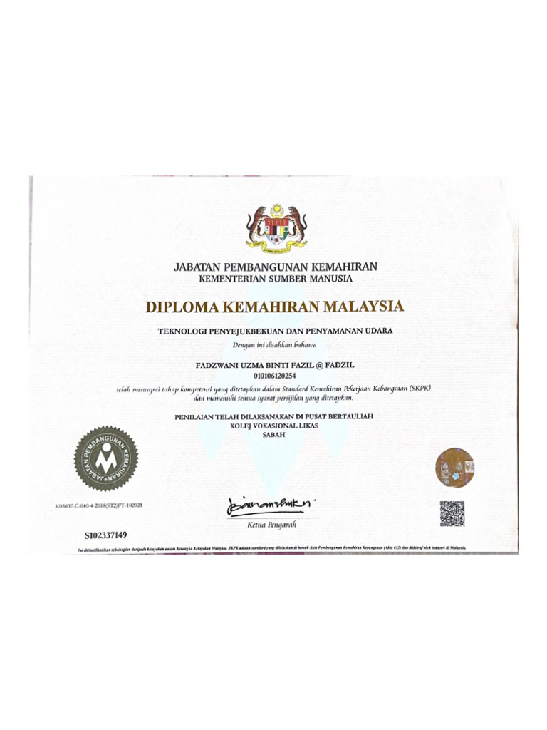 Fadzwani Uzma (Diploma Kemahiran Malaysia) PDF | PDF