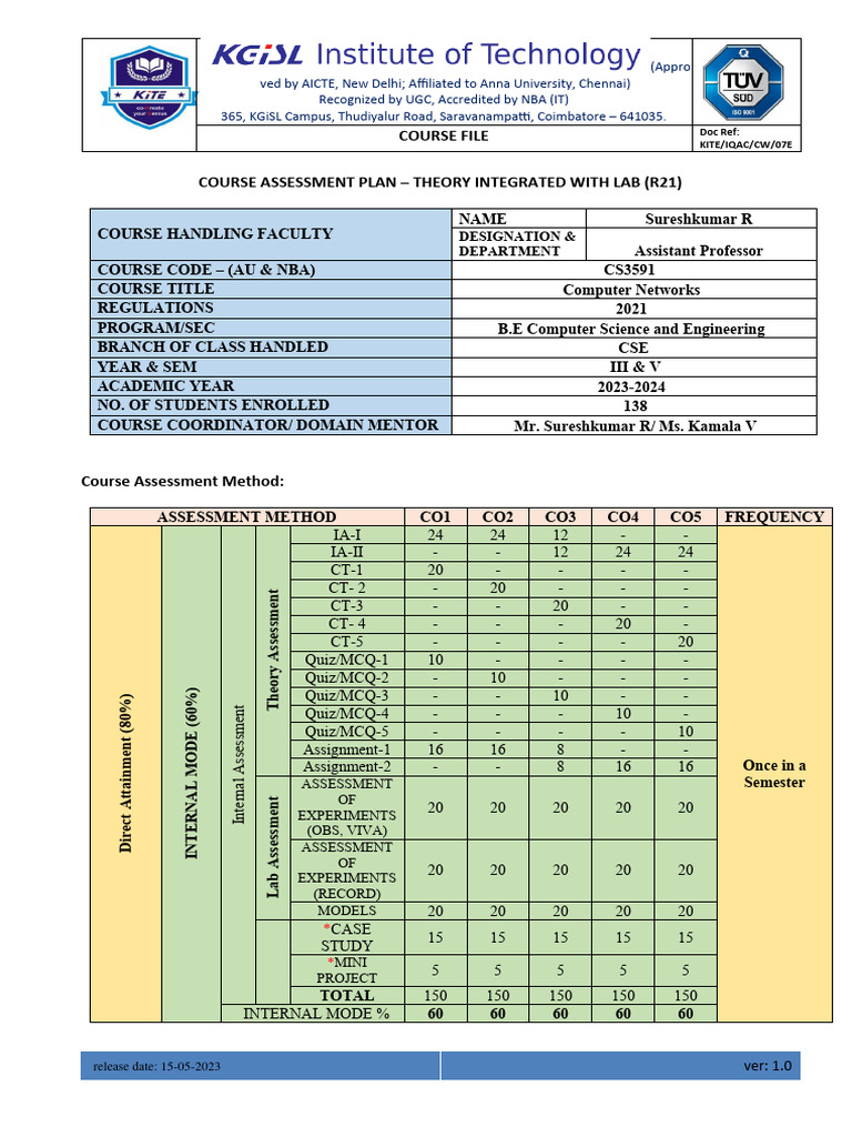 Course Assessment Plan - CN r21 | PDF | Computing