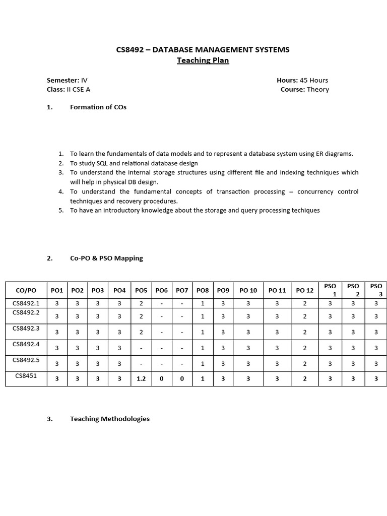 Teaching Plan - CS8492 - DBMS | PDF