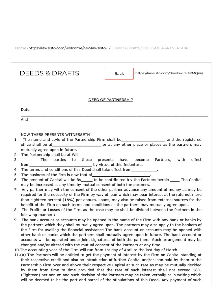DEED OF PARTNERSHIP - Deeds & Drafts | Download Free PDF | Partnership ...